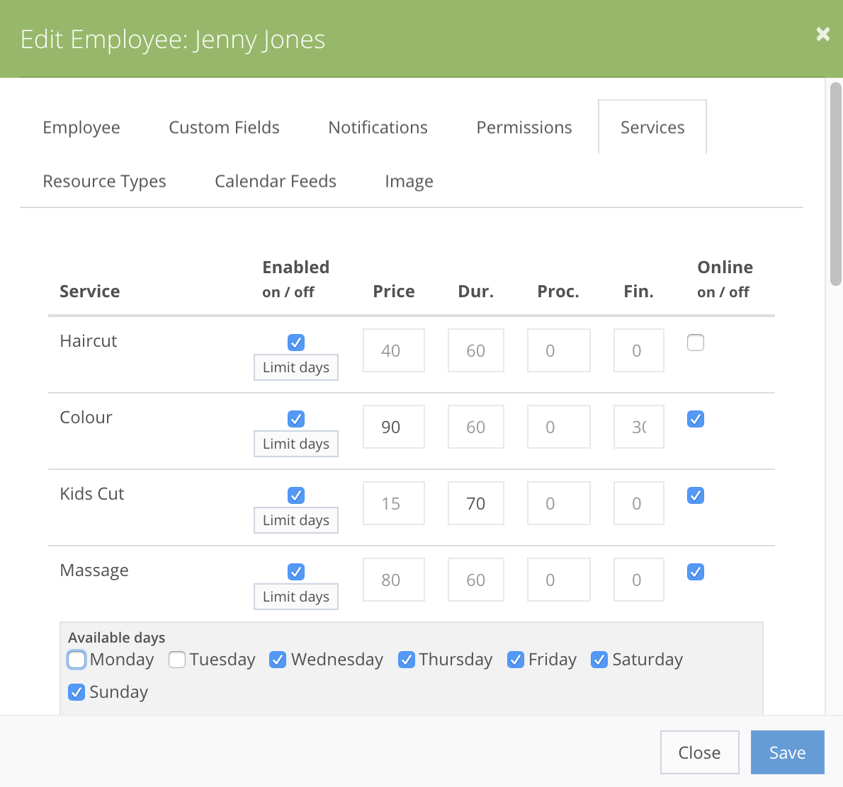 How do I override the settings of a specific Employee/Service ...