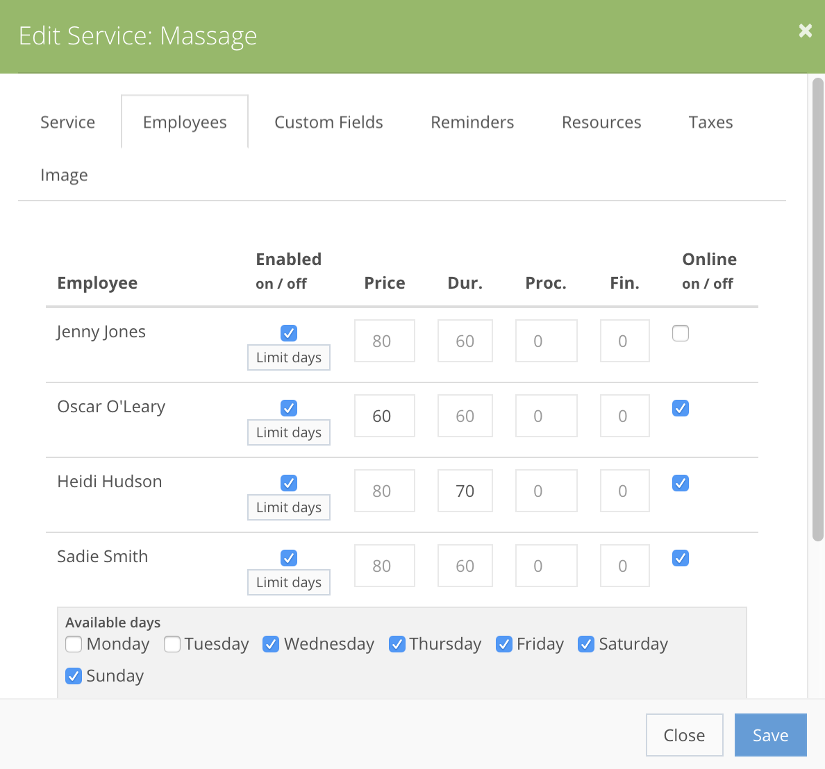 How do I override the settings of a specific Employee/Service ...